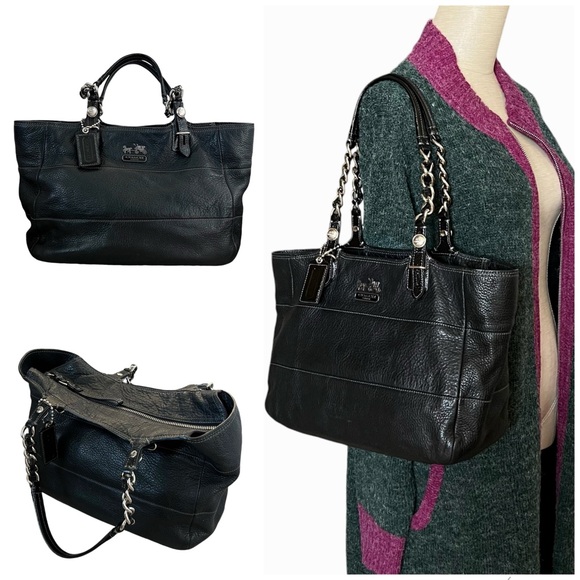 Coach | Bags | Coach Leather Tote Shoulder Bag Chain Strap 4111 Black ...